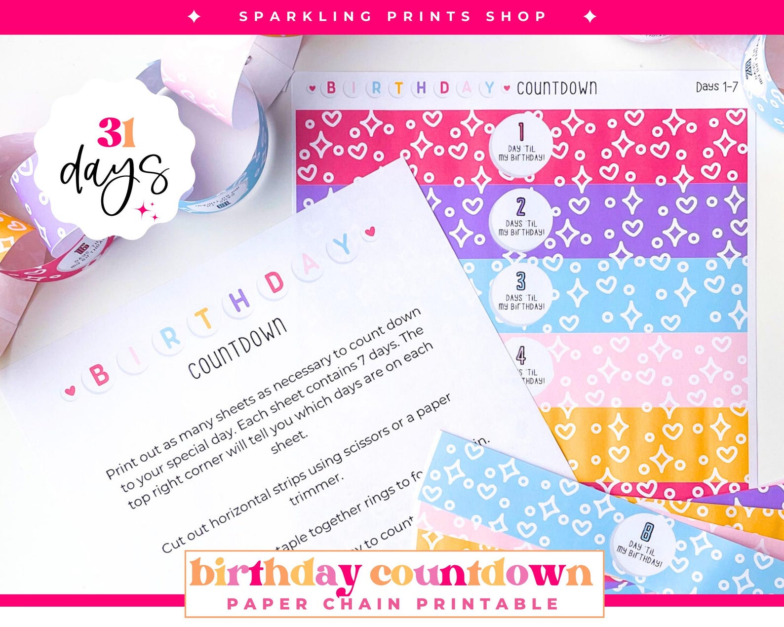 31-day Birthday Countdown Paper Chain Printable | Colorful DIY Party ...