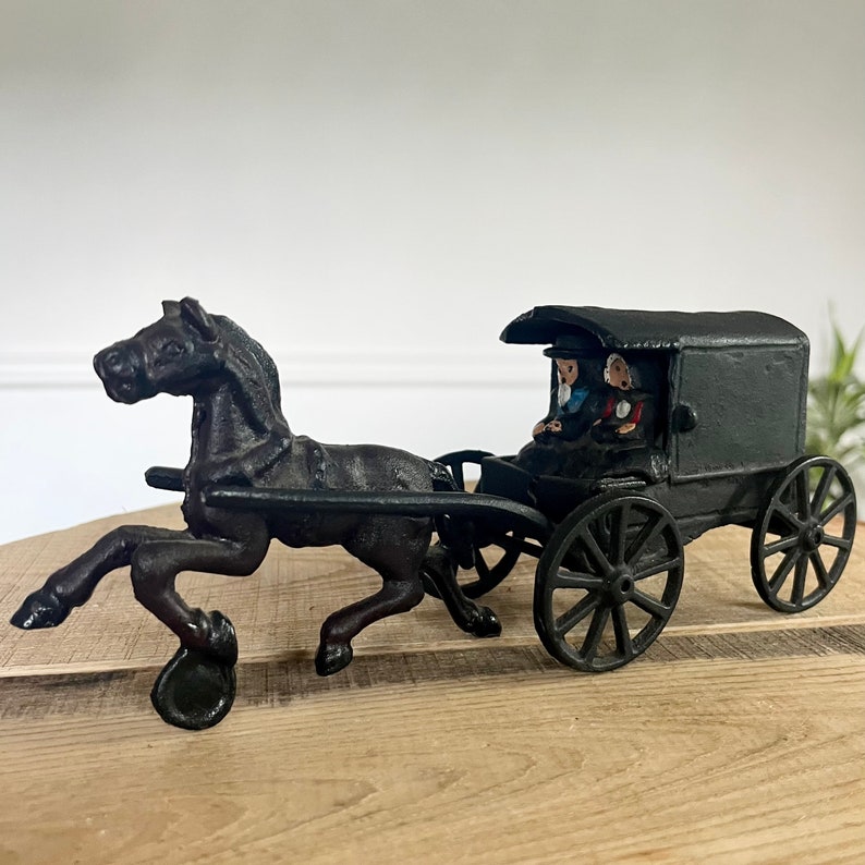Vintage Cast Iron Miniature Amish Buggy and Horse, Realistic Replica, 2 ...