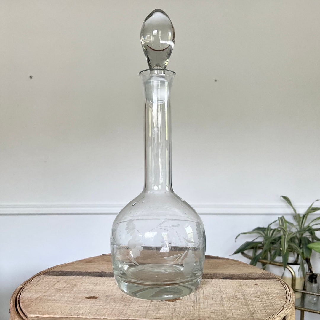 Tall Vintage Decanter, Clear Glass With Etching, MCM Decanter, Etched ...