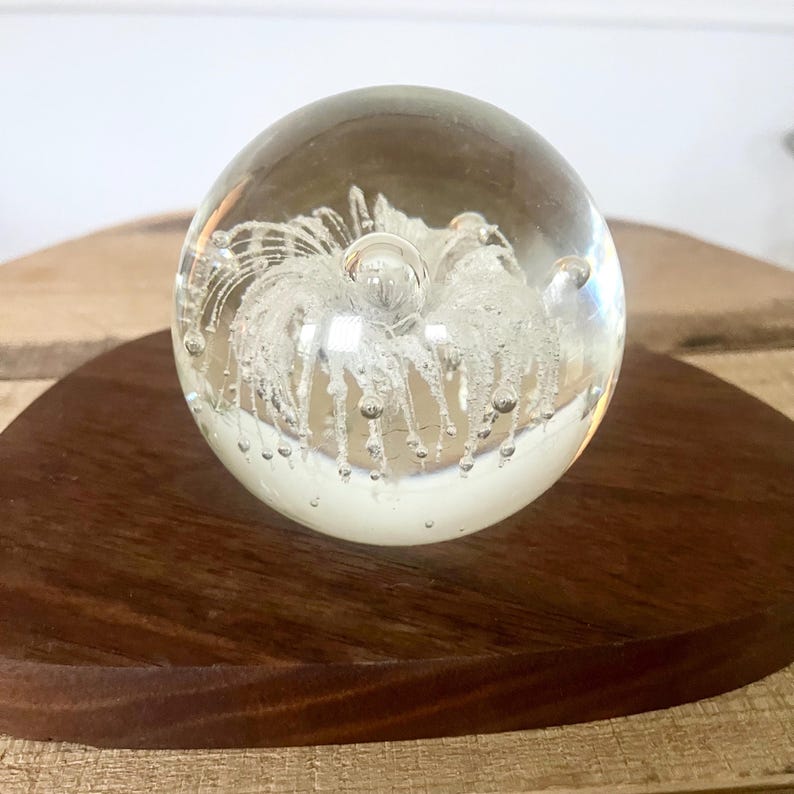 Vintage Heavy Glass Paperweight, White Flower Firework Design, Office ...