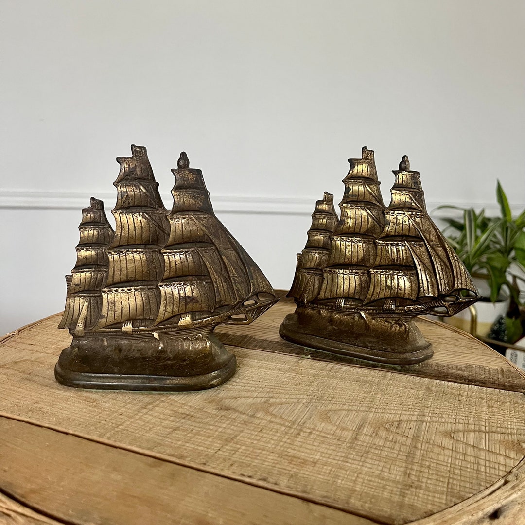 Vintage Ship Bookends, Brass Ship Bookends, Vintage Ship, Rustic, Ships ...