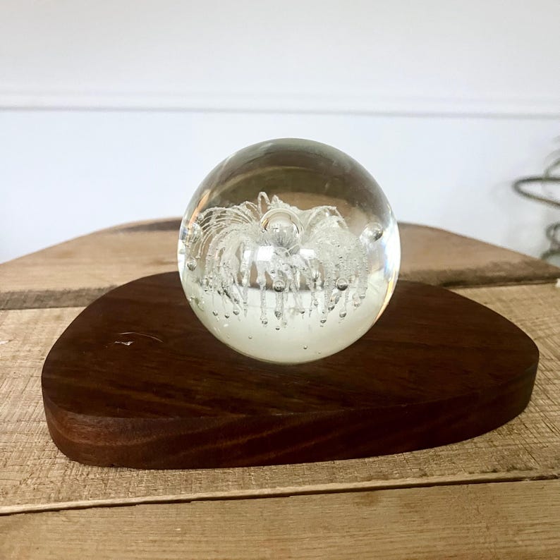 Vintage Heavy Glass Paperweight, White Flower Firework Design, Office ...