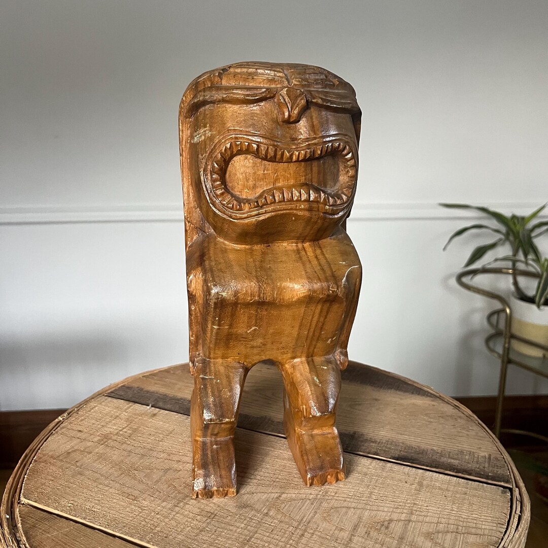 Vintage Tiki Statue, Tiki Figurine, Wood Tiki, Wooden Tiki Bookend ...