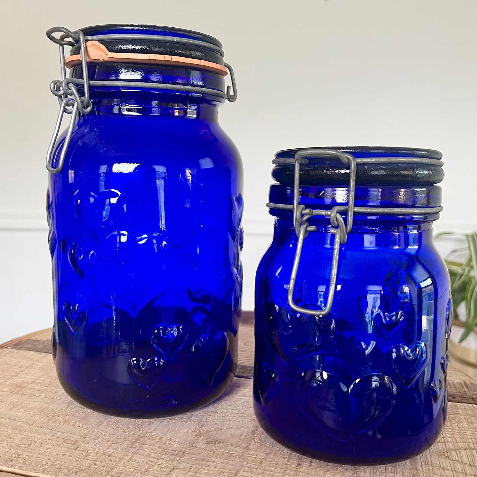 Set of 2 Vintage Blue Glass Jars With Hearts, MCM Kitchen Decor, Mid ...