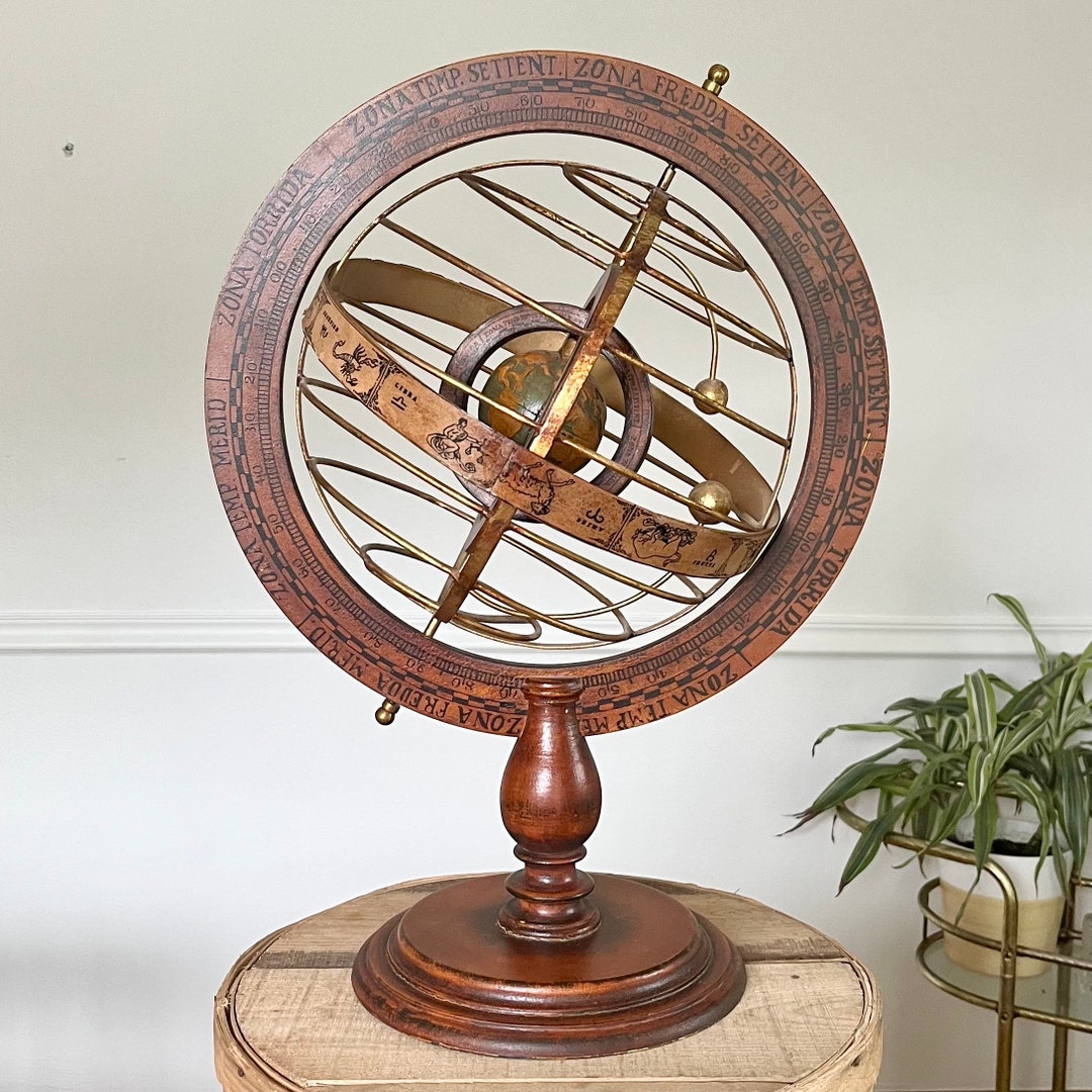Vintage Wood and Brass Armillary Sphere With Double Rotating Globe ...