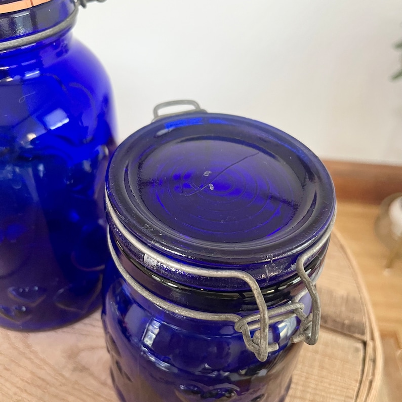 Set of 2 Vintage Blue Glass Jars With Hearts, MCM Kitchen Decor, Mid ...