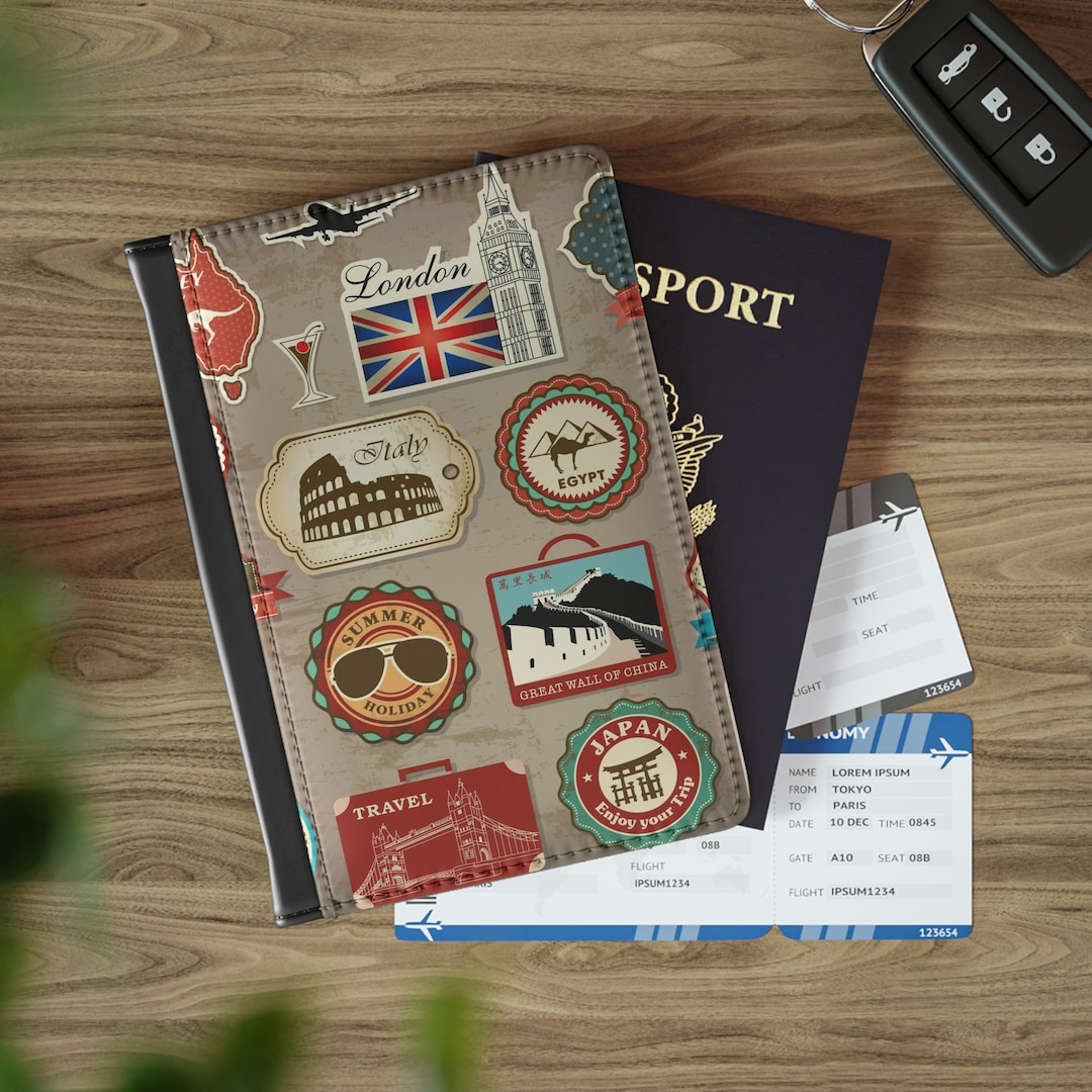 Stylish Passport Cover With Retro Stickers and Interior Pouches ...