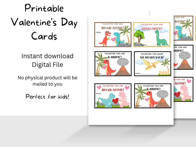 Dinosaur Valentine's Day Printable Cards, Dinosaurs, Kids Valentines ...