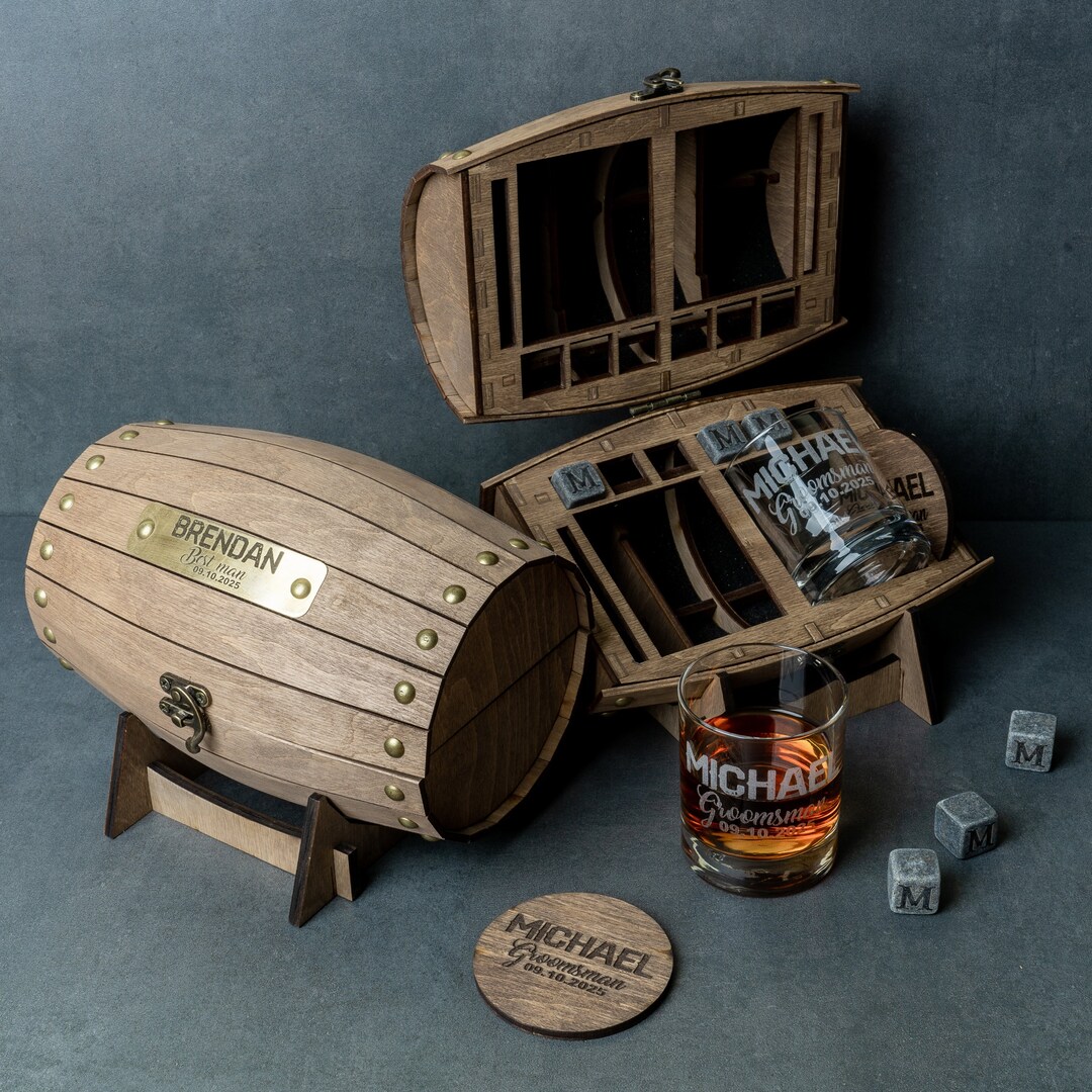 Custom Whiskey Barrel Bar Set With Personalized Barware, Groomsmen ...