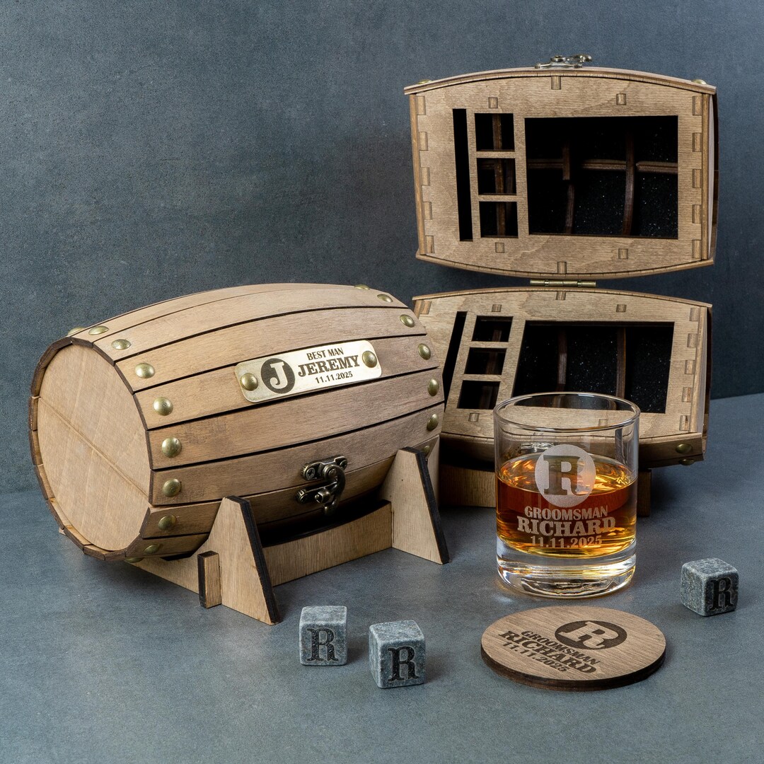 Personalized Whiskey Set in Wooden Barrel, Custom Bourbon Glasses ...
