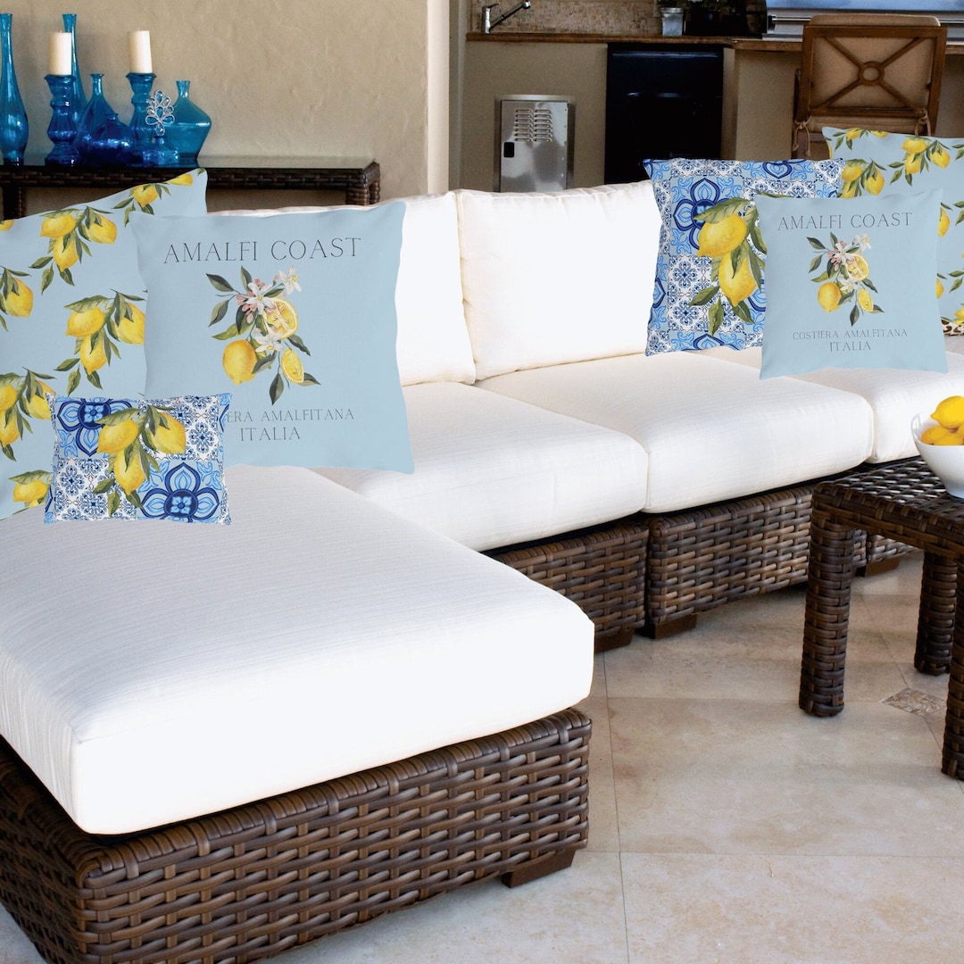 Amalfi Outdoor Patio Pillows, Italian Amalfi Coast Lemons Coastline ...