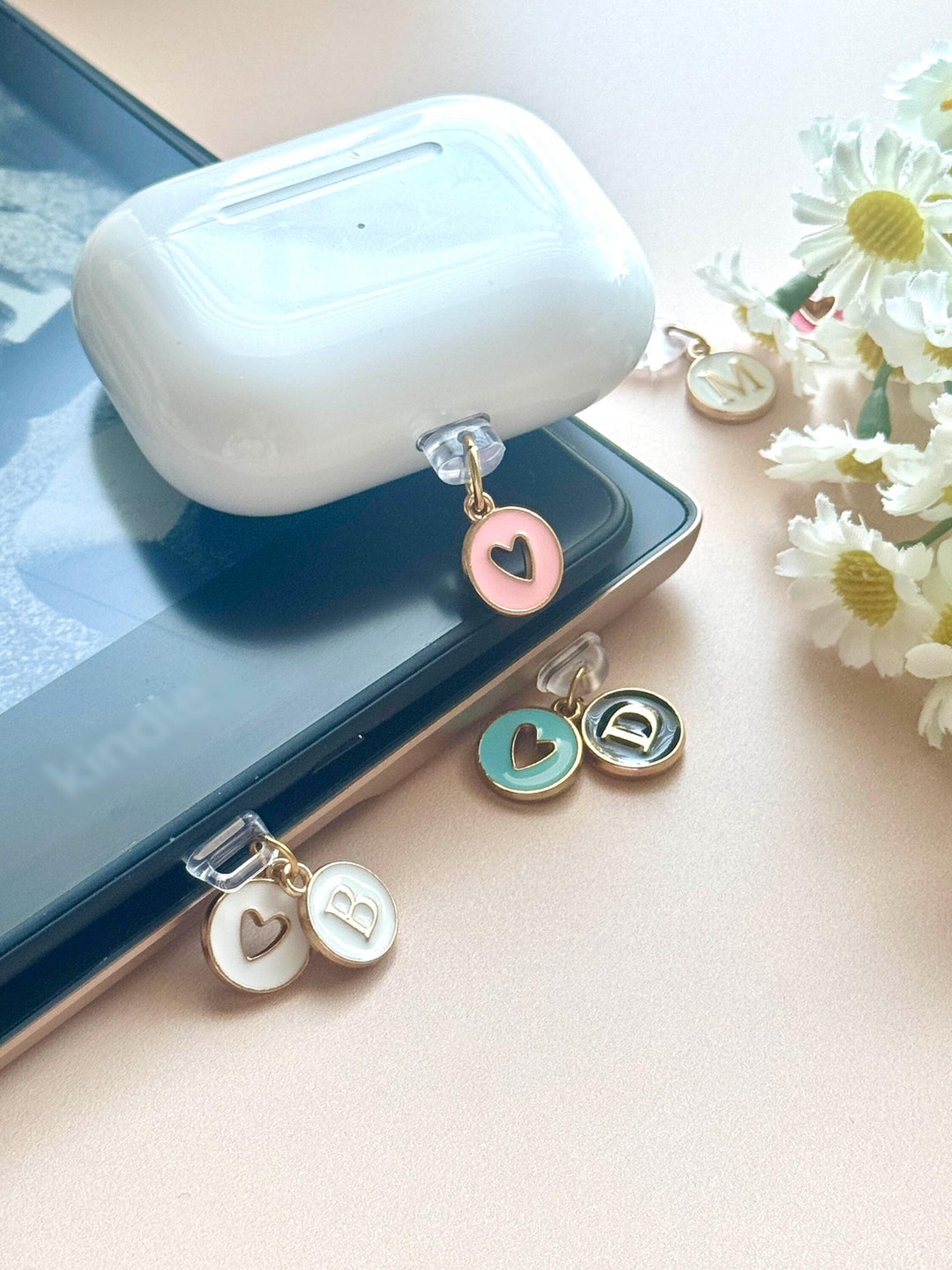 Heart Dust Cover Charm Pink Heart Phone Charm Initial Ebook Charm USBC ...