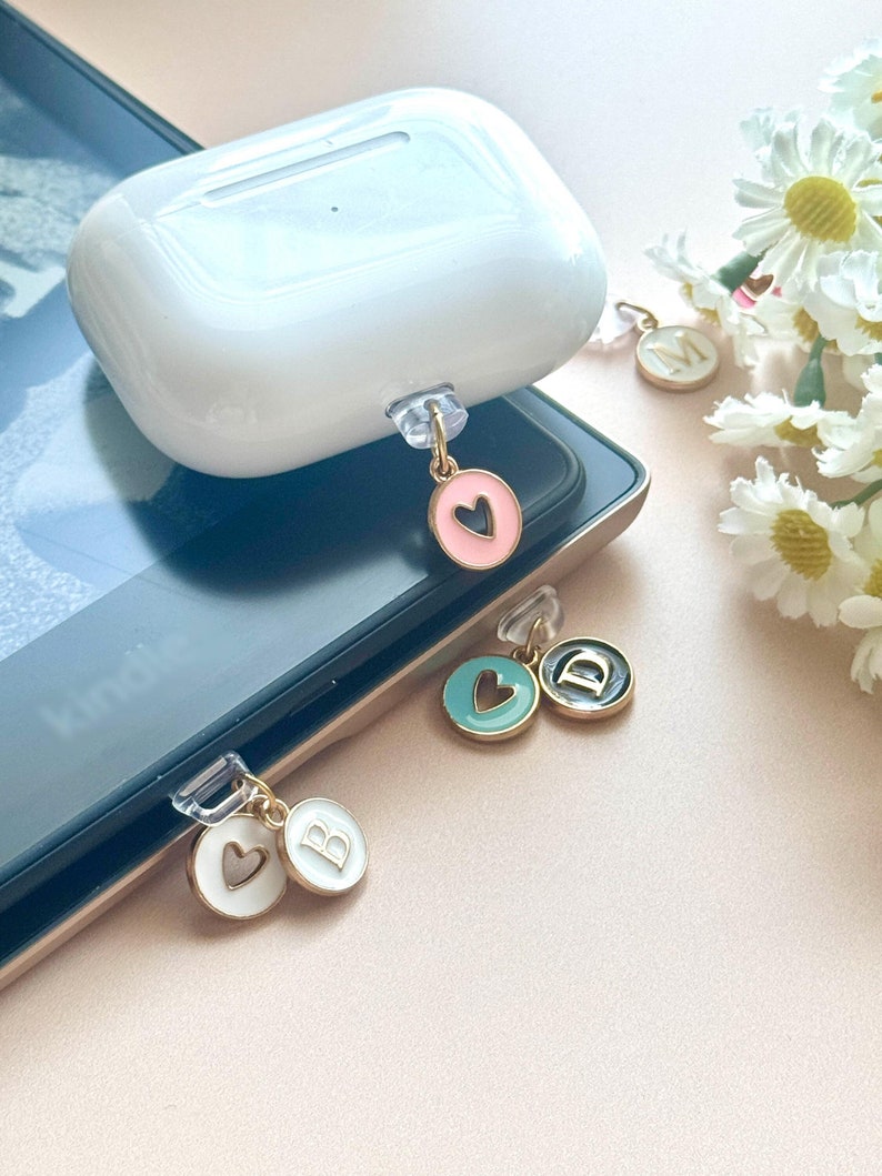Heart Dust Cover Charm Pink Heart Phone Charm Initial Ebook Charm USBC ...