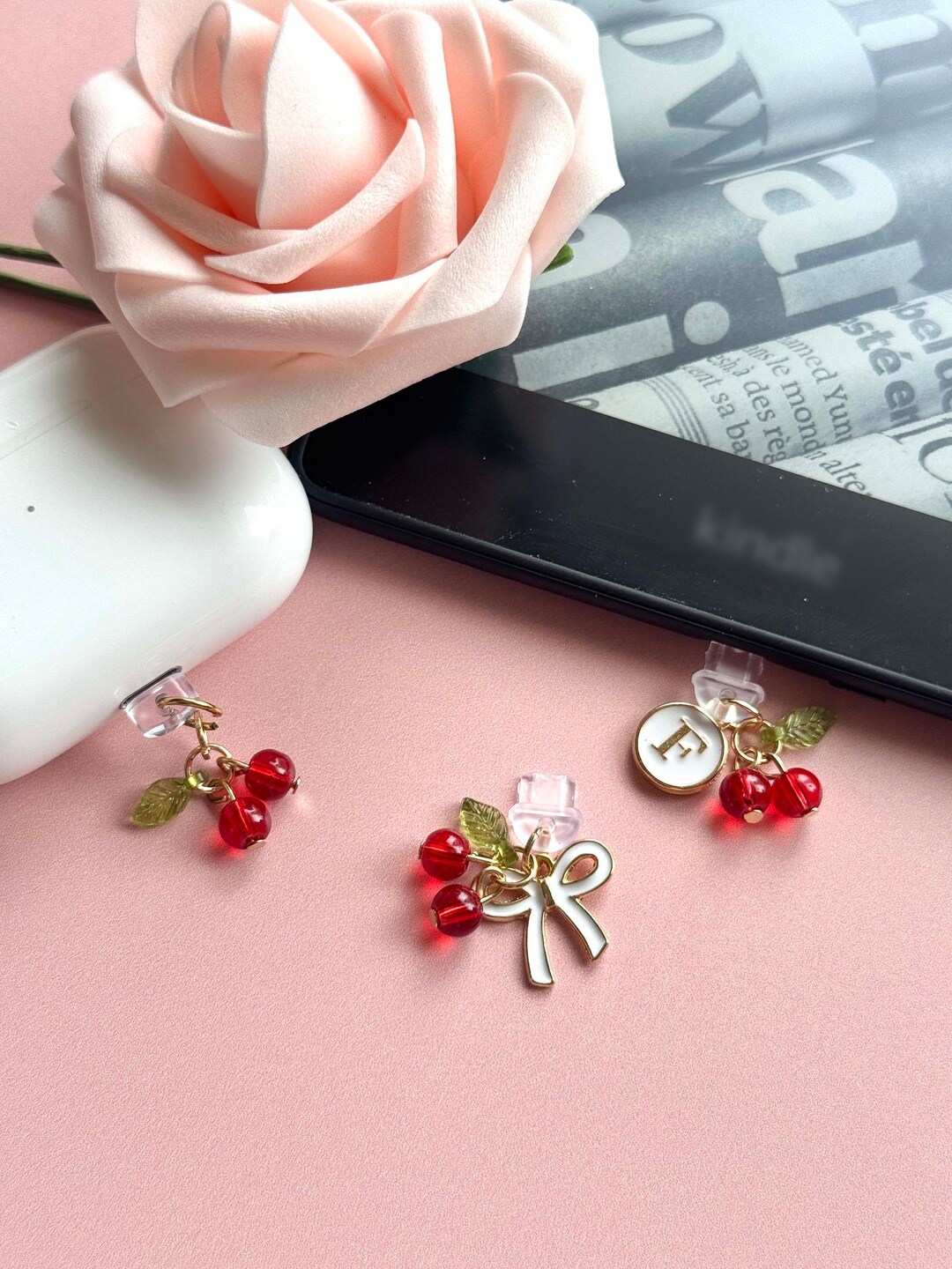 Cherry Dust Plug Charm Coquette Bow Ereader Charm Y2k Initial Phone ...