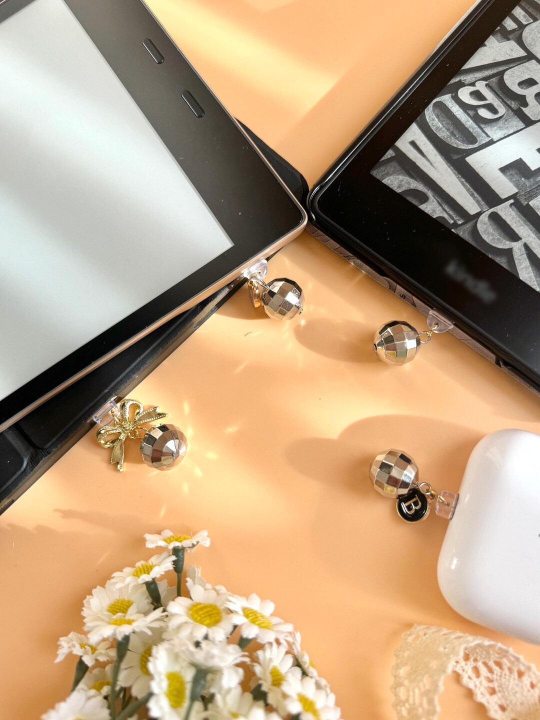 Disco Ball Dust Plug Charm Custom Initial Phone Charm Ereader Charm ...