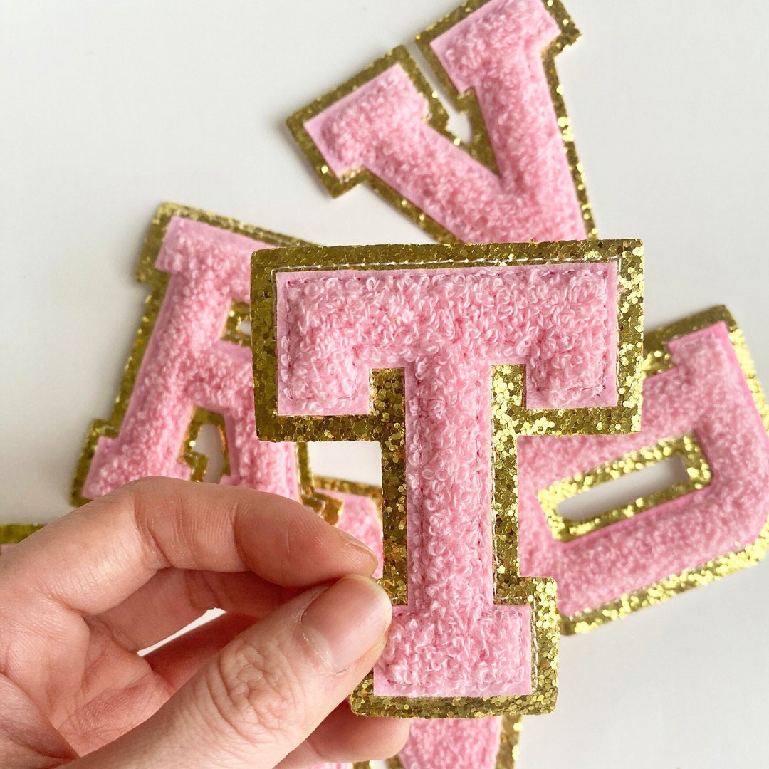 Glitter Chenille Letter Patch 3.15" Pink Varsity Letter White ...