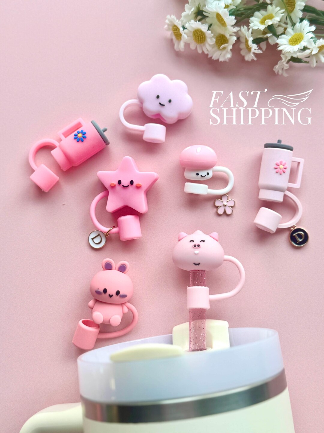 Pink Straw Cover Cute Straw Topper Bunny Straw Buddy Custom Easter ...