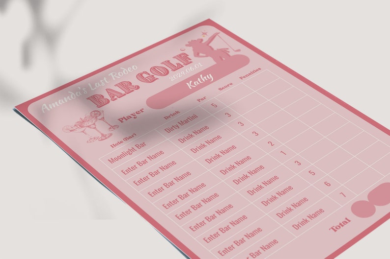 Editable Pub Golf Scorecard Pink Cowgirl Bar Crawl Template Western ...