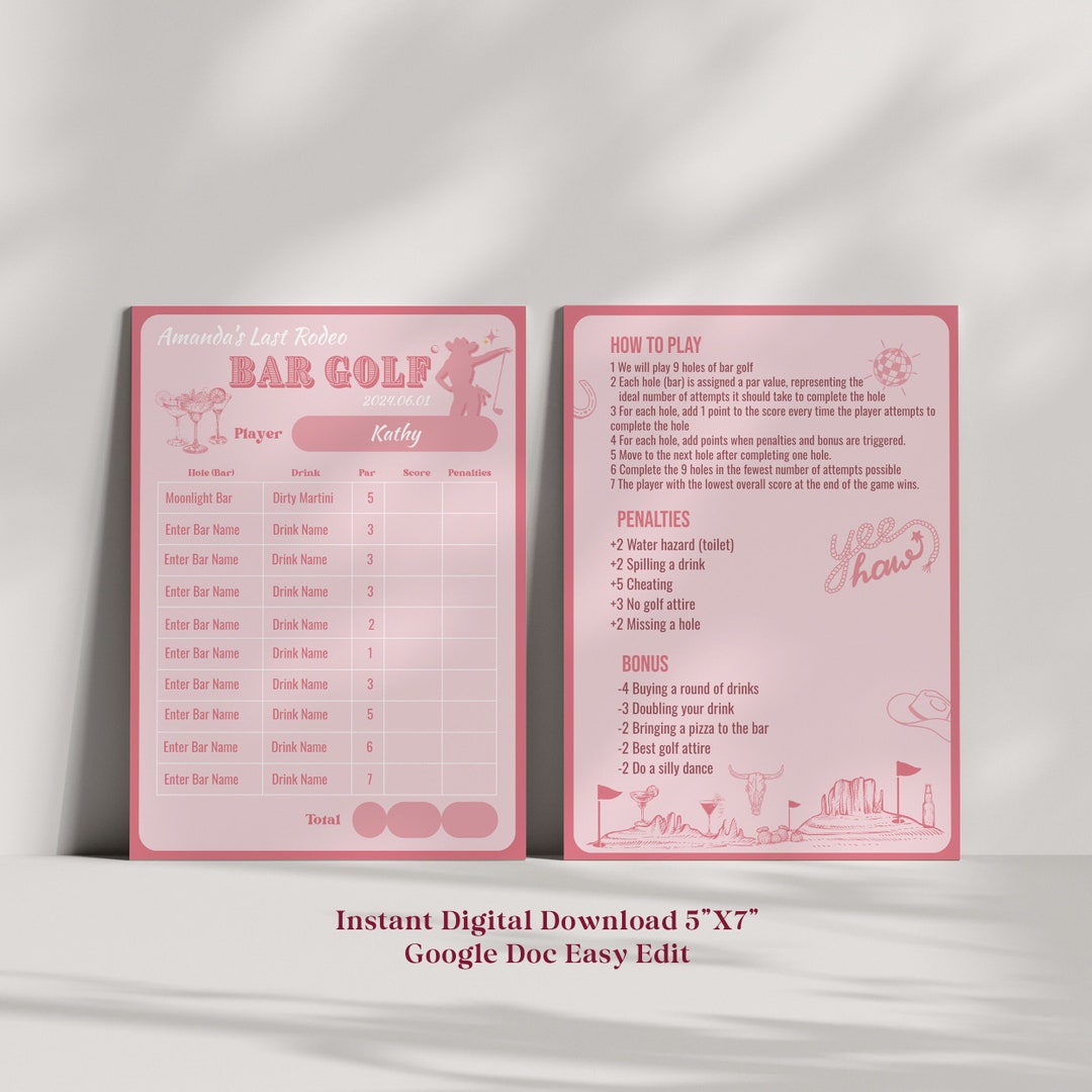 Editable Pub Golf Scorecard Pink Cowgirl Bar Crawl Template Western ...
