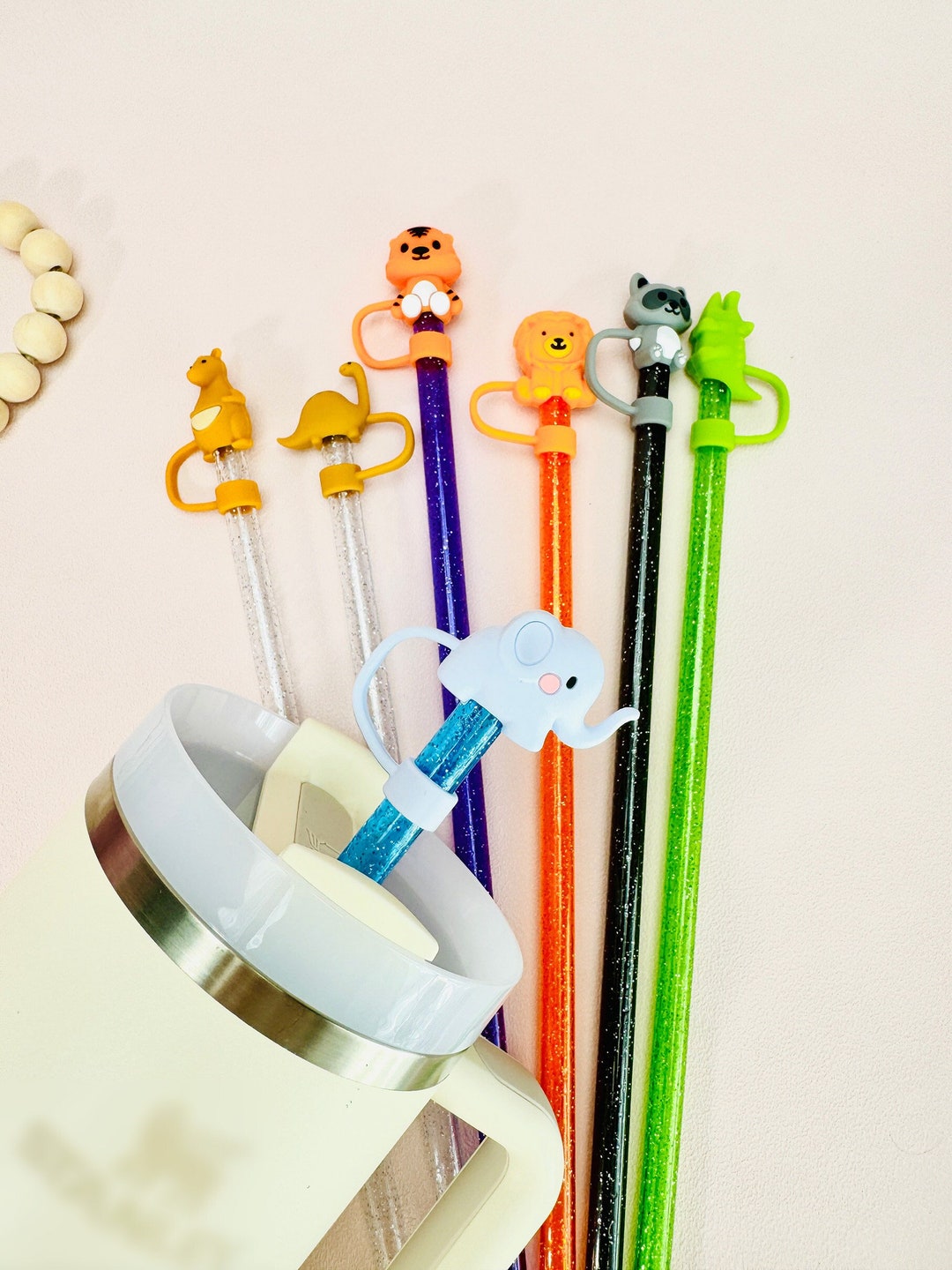 Dino Straw Topper Animal Straw Cover Tiger Straw Buddy Elephant Straw ...
