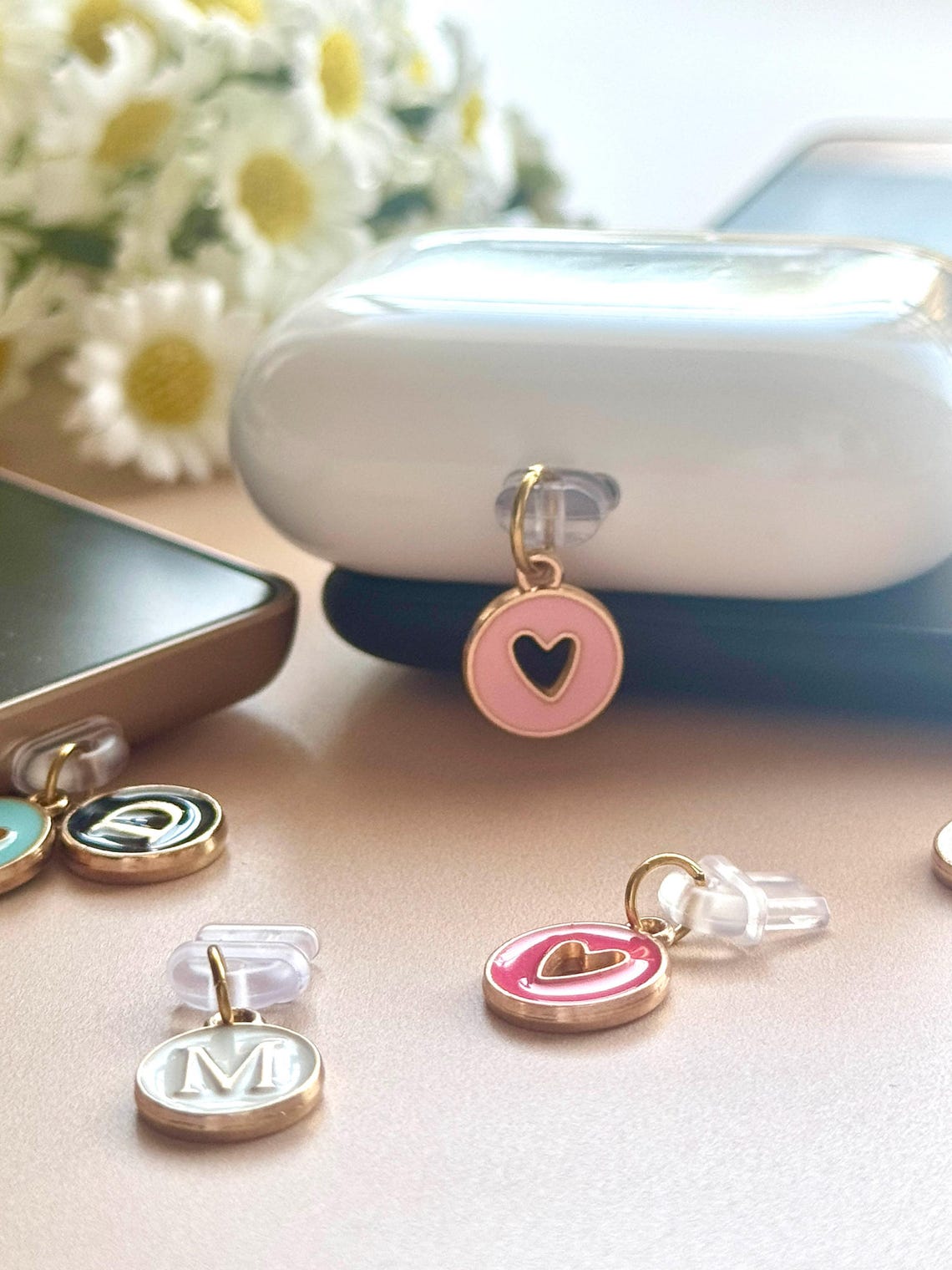 Heart Dust Cover Charm Pink Heart Phone Charm Initial Ebook Charm USBC ...