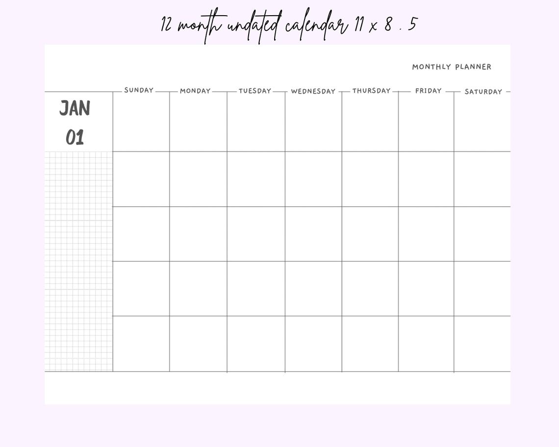 12 Monthly Undated Calendar | Horizontal | Planner | Minimalist ...