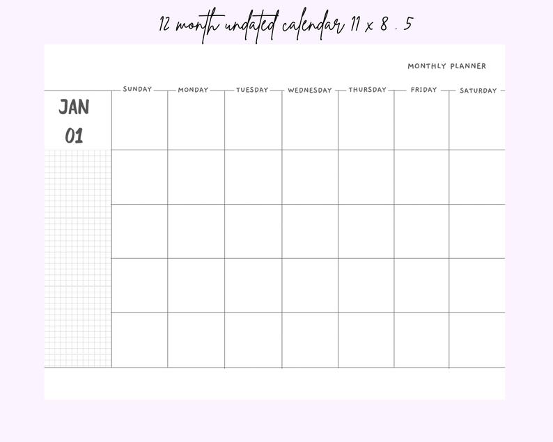 12 Monthly Undated Calendar | Horizontal | Planner | Minimalist ...