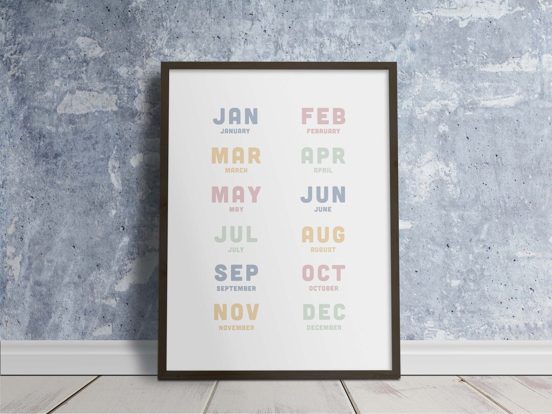 Nursery Print, Months of the Year Educational, Pastel Colours Bold Fun ...