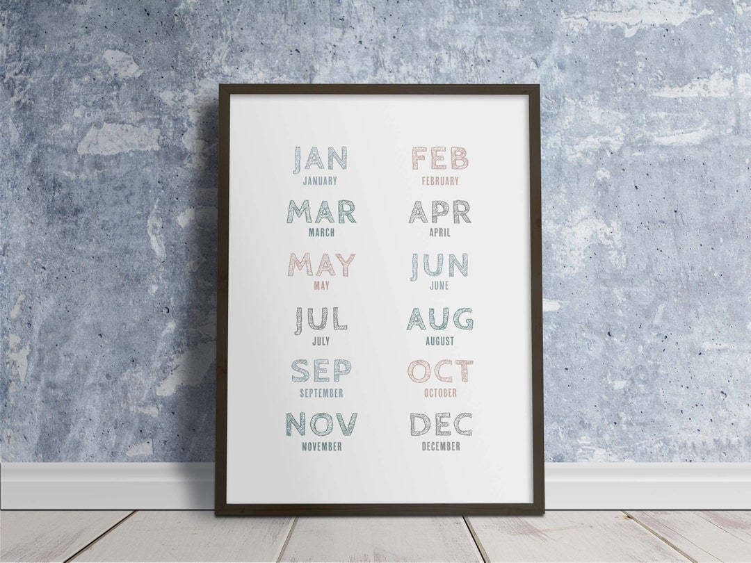 Nursery Print, Months of the Year Educational, Scandi Inspired Colours ...