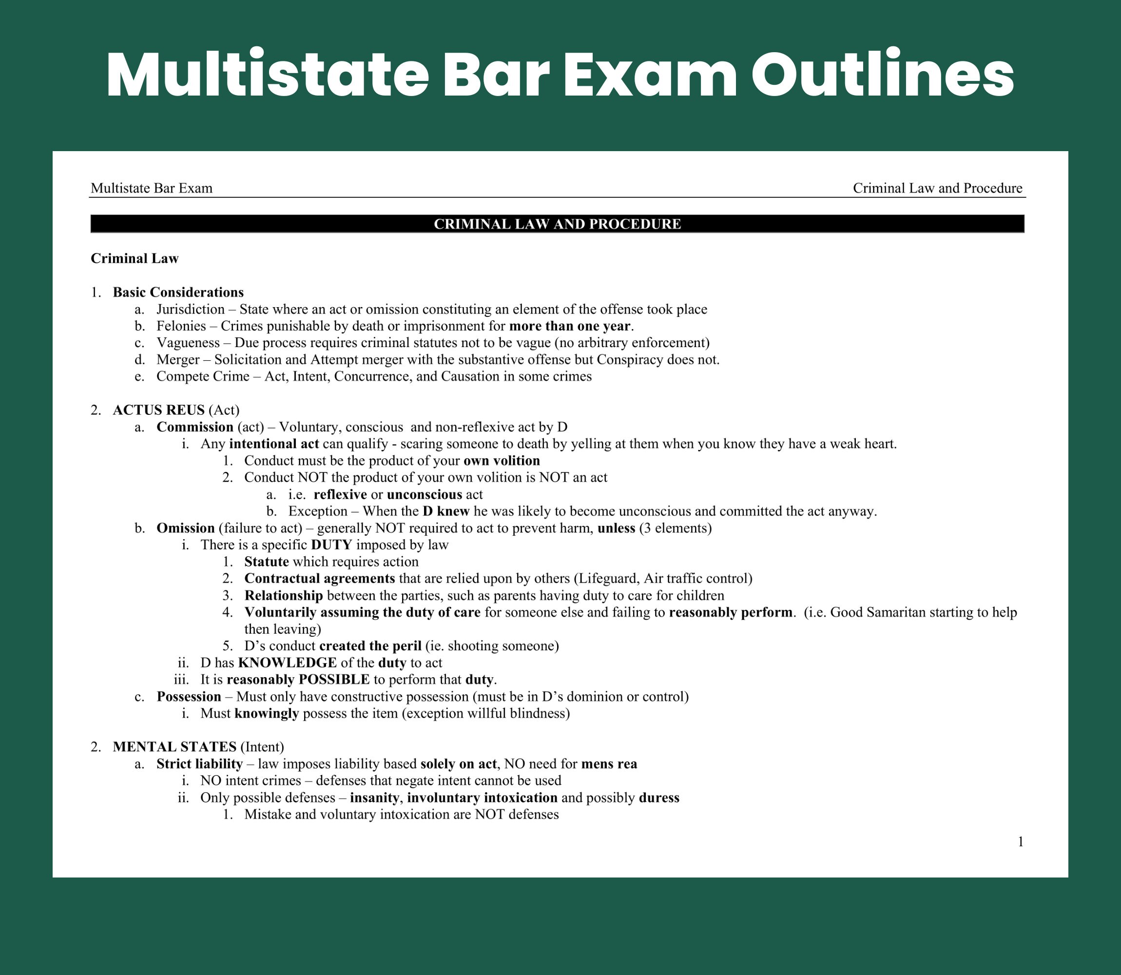 MBE Multistate Bar Exam Outlines All 7 Subject Areas MBE Preparation ...