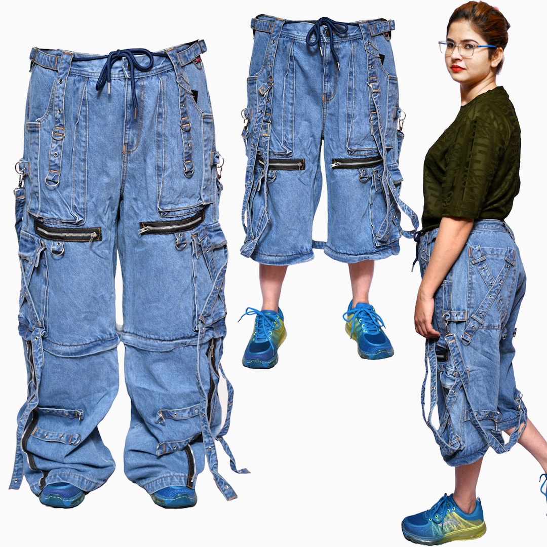 Handmade Unisex Gothic Cargo Jeans Cargo Pants With Straps, Wide Legs ...