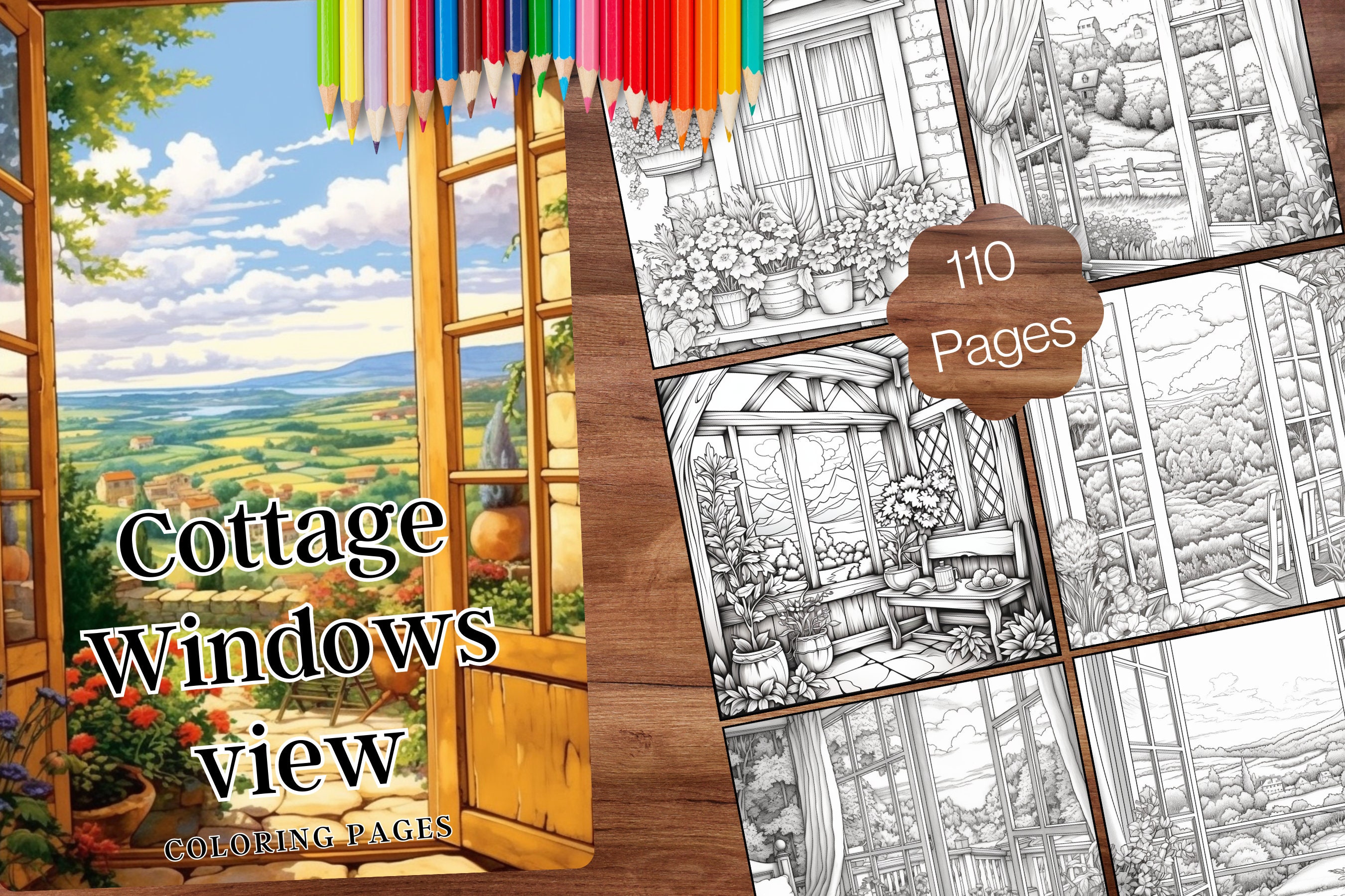 Garden Cottages Windows Coloring Book, Adults Instant Download ...