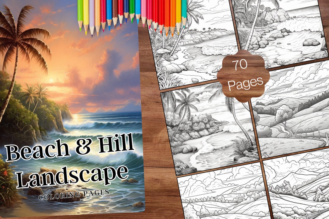 Beach and Hill Landscapes , Adults Instant Download grayscale Coloring ...