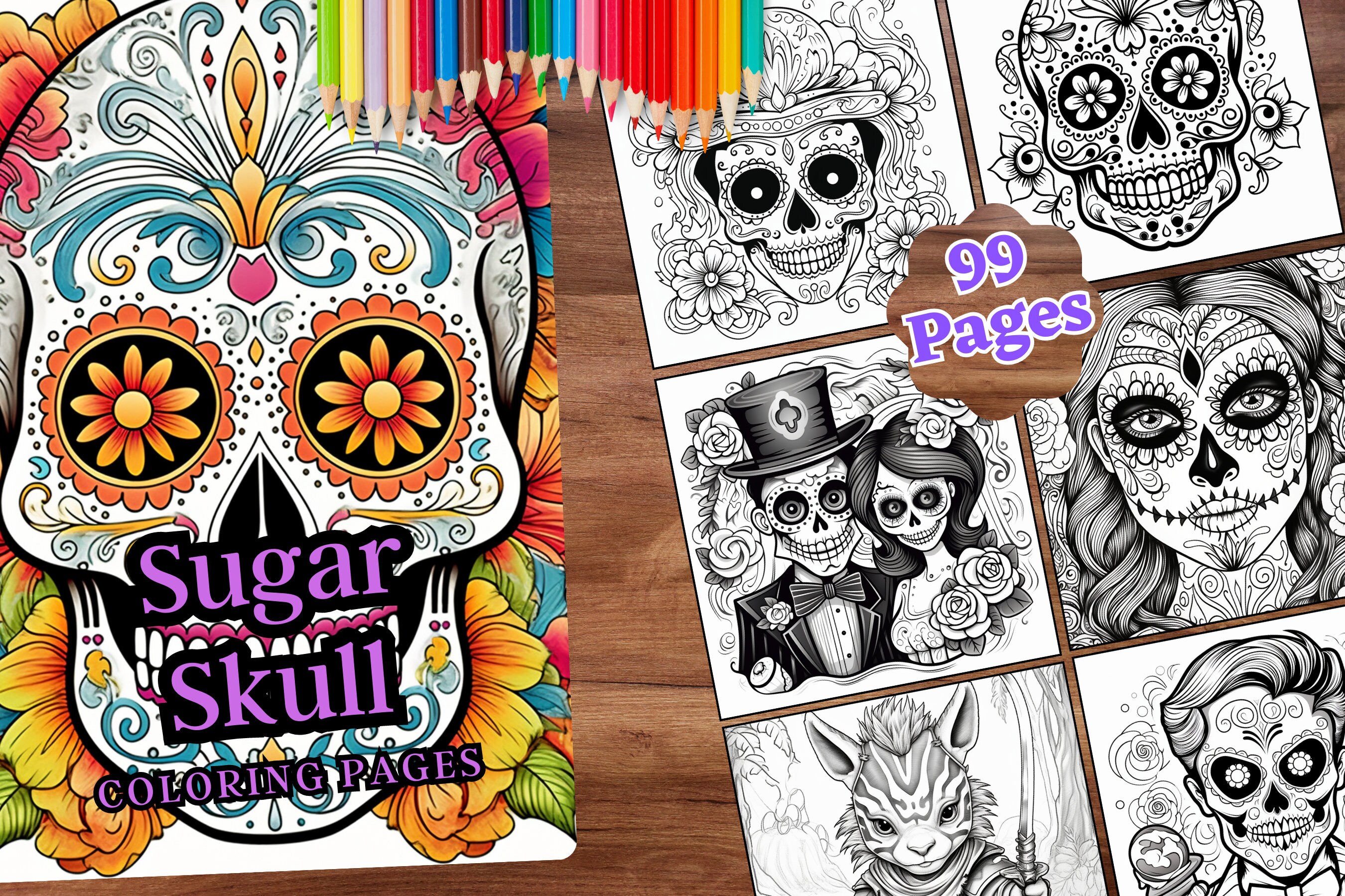 Sugar Skull Coloring Book , Adults Instant Download grayscale Coloring ...
