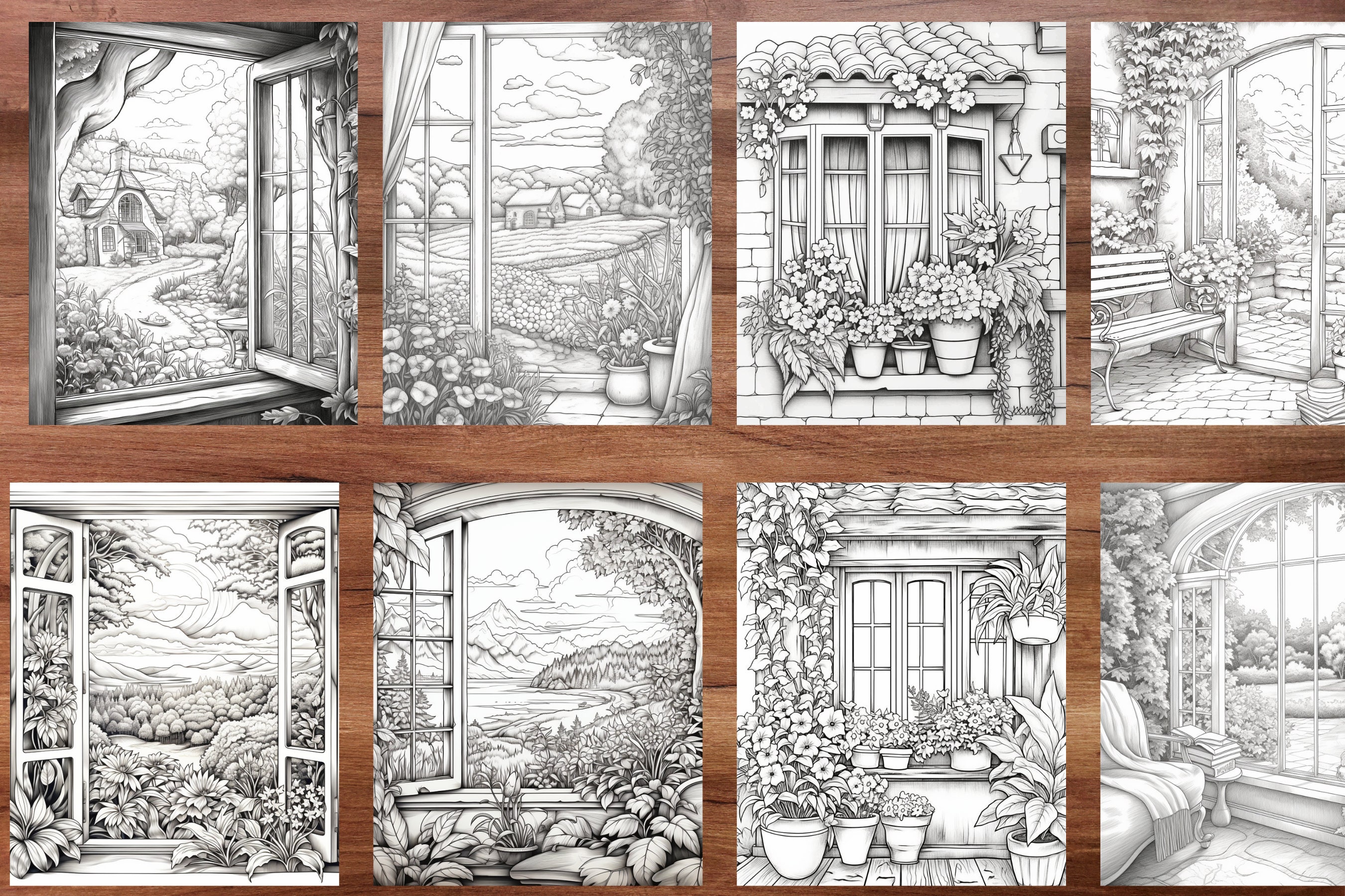 Garden Cottages Windows Coloring Book, Adults Instant Download ...