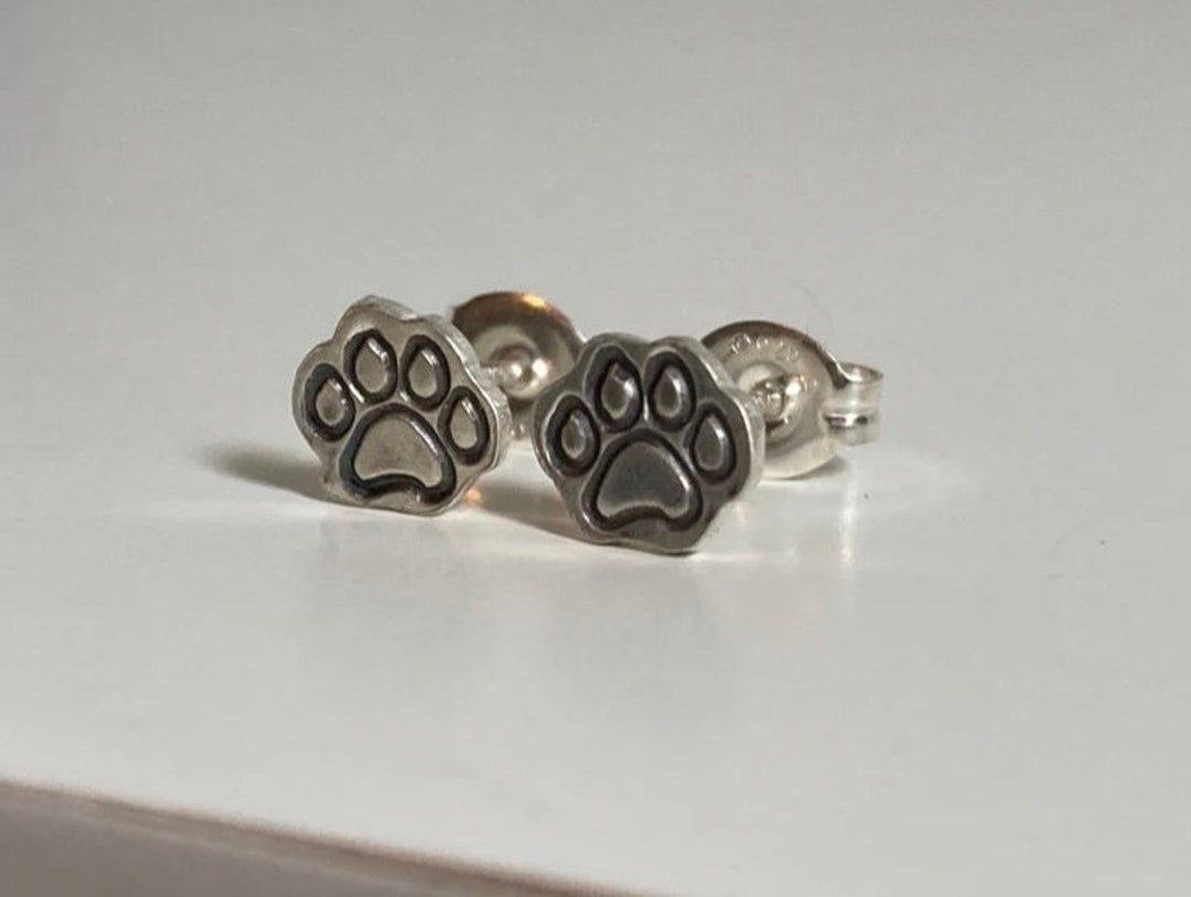 Dog Paw Print Stamped Sterling Silver Earring Studs - Etsy