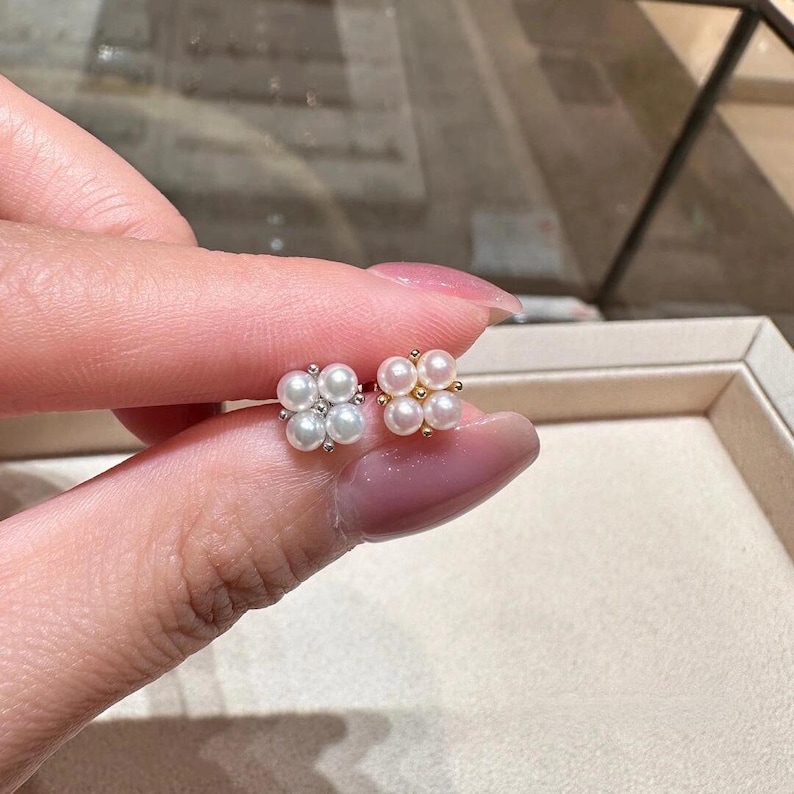 Akoya Pearl Stud Earrings: 925 Sterling Silver 18k Gold Plated, 4mm ...