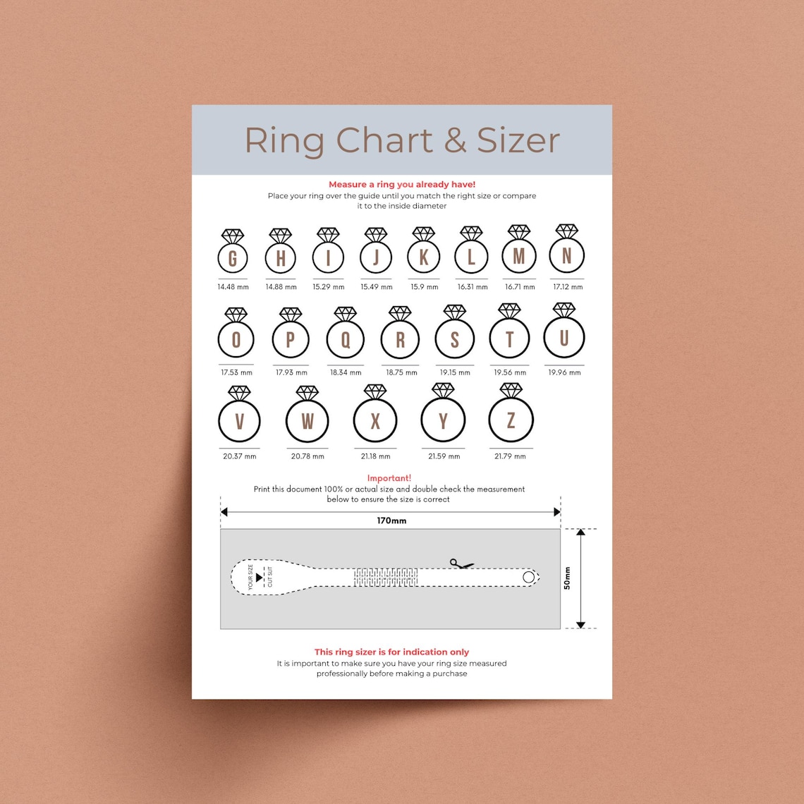 Ring Size Chart and Sizer Printable Diagram of Ring Sizes Engagement ...