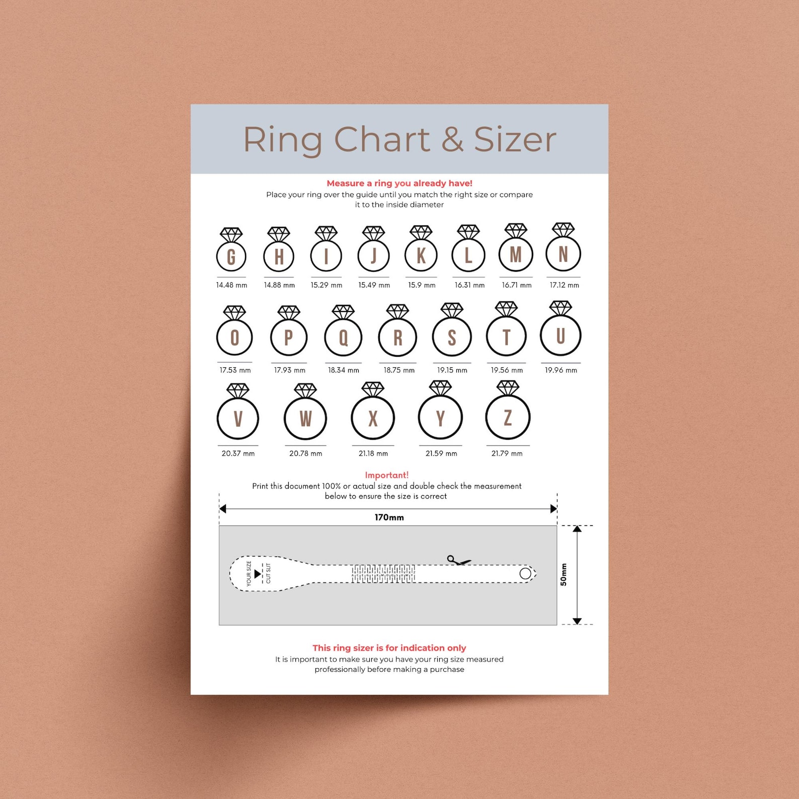 Ring Size Chart and Sizer Printable Diagram of Ring Sizes Engagement ...