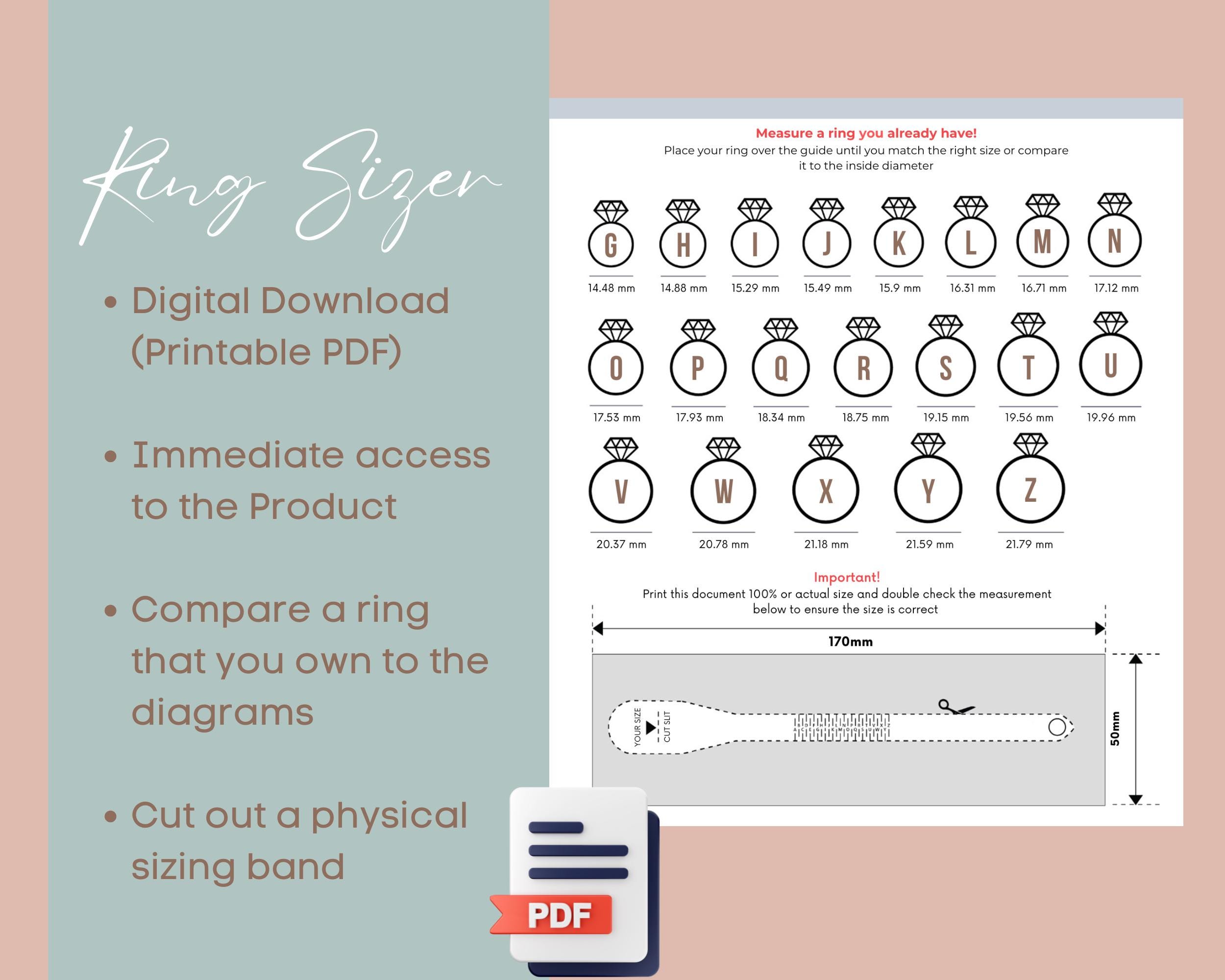 Ring Size Chart and Sizer Printable Diagram of Ring Sizes Engagement ...