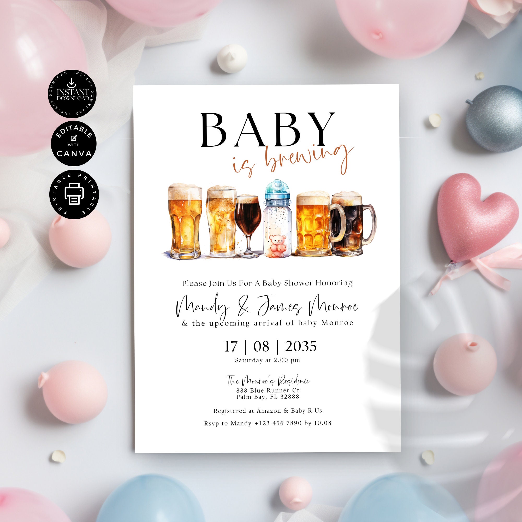 Baby Shower Party Invitation Card Template, Baby is Brewing, Beers ...