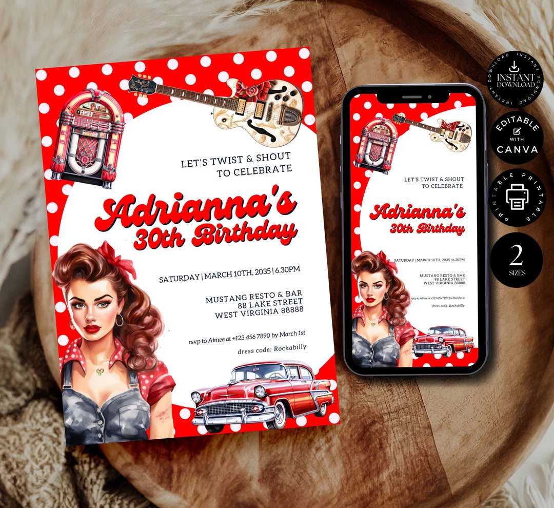 Modern Retro Rockabilly Birthday Party Invitation Template, 1950s Theme ...