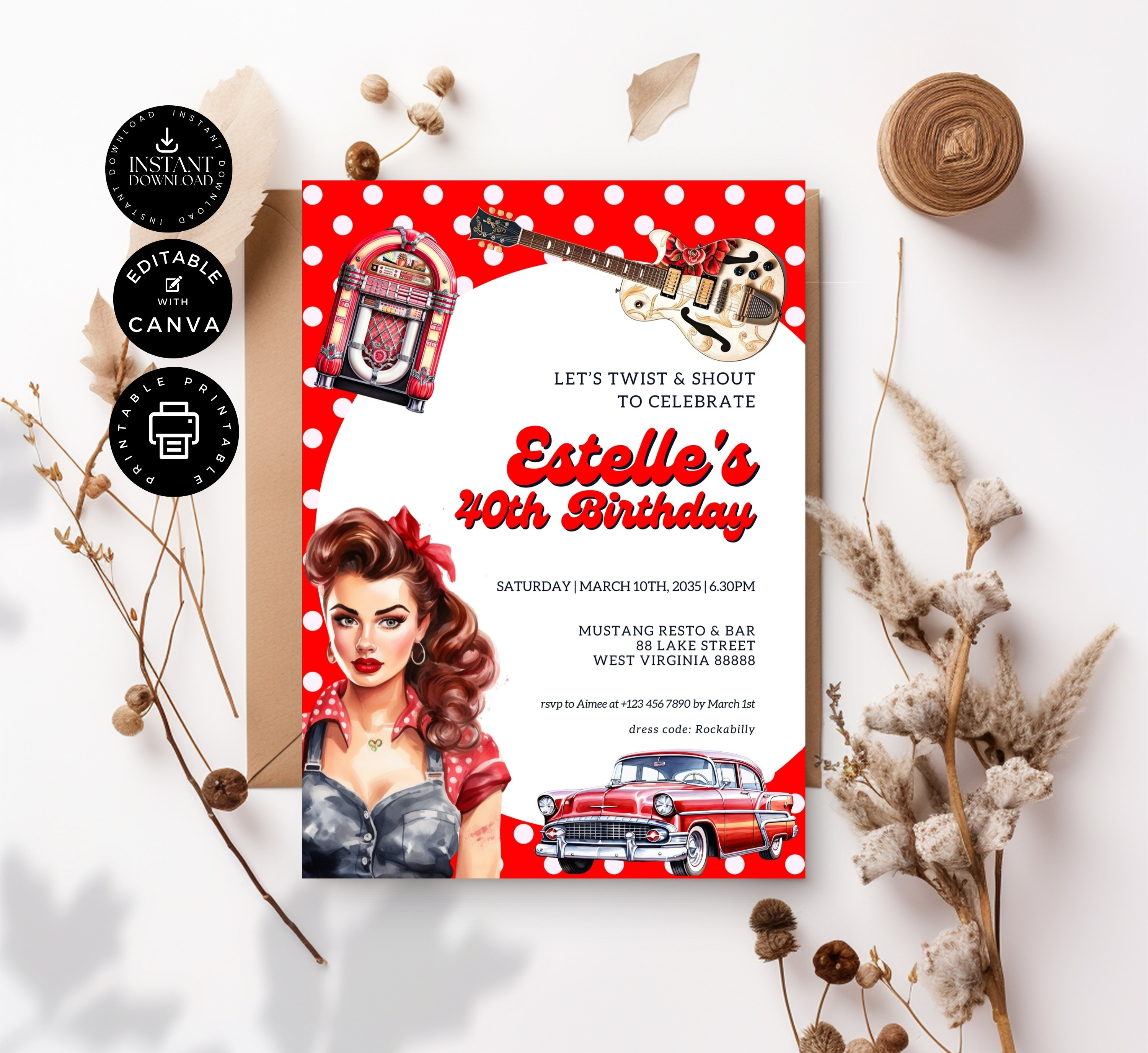 Modern Retro Rockabilly Birthday Party Invitation Template, 1950s Theme ...