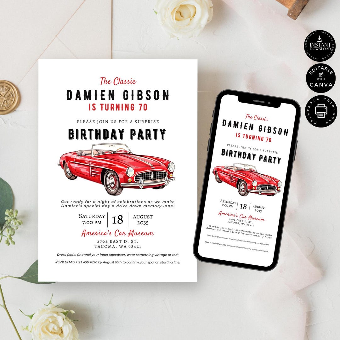 Modern Editable Classic Red Car Party Invite, 70th Evite Birthday ...