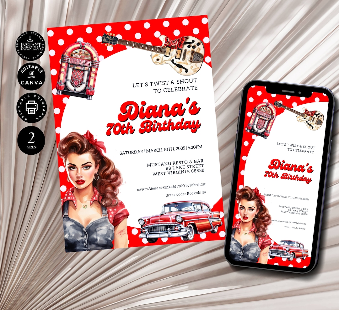 Modern Retro Rockabilly Birthday Party Invitation Template, 1950s Theme ...