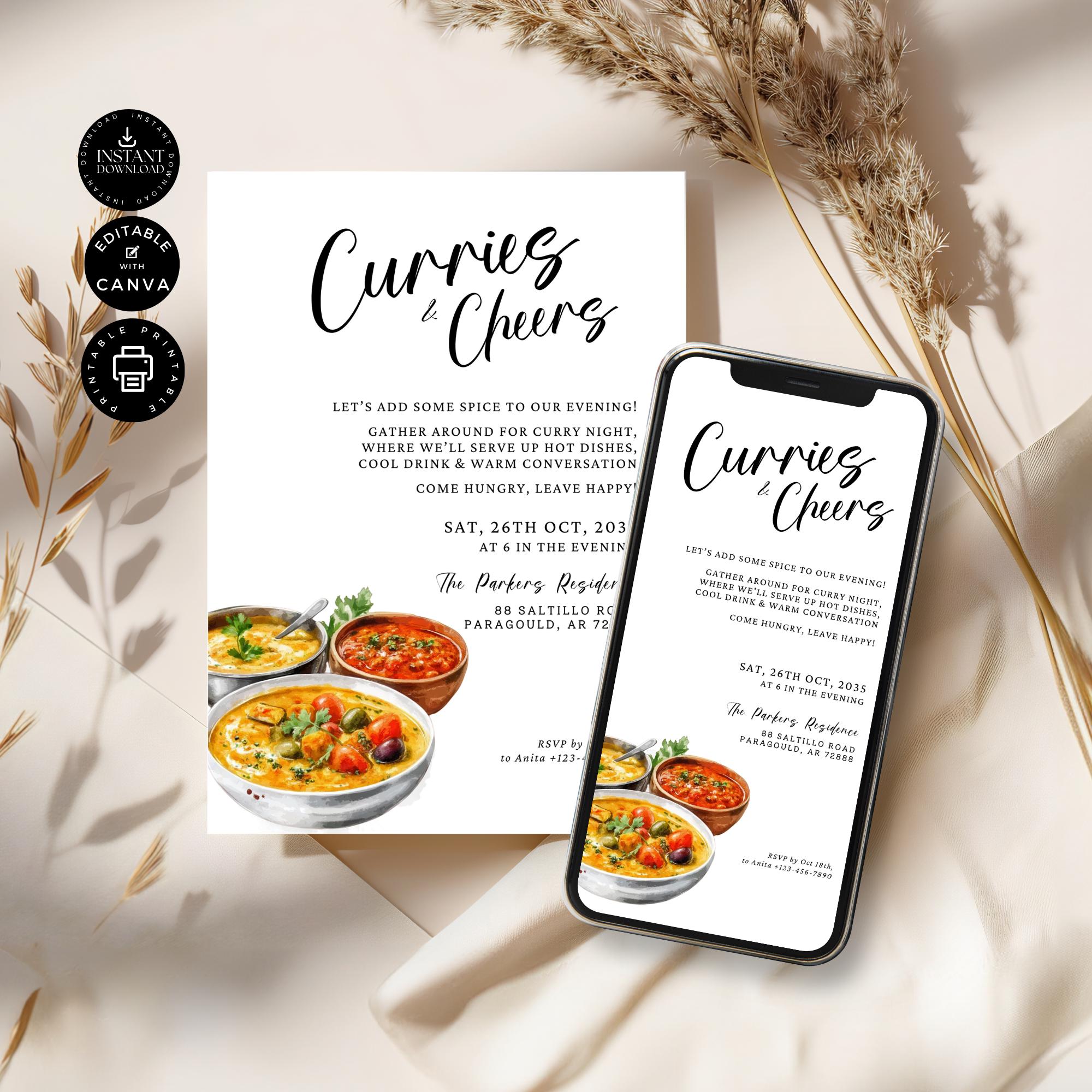Curry Night Dinner Party Invitation Template, Curry and Cheers ...