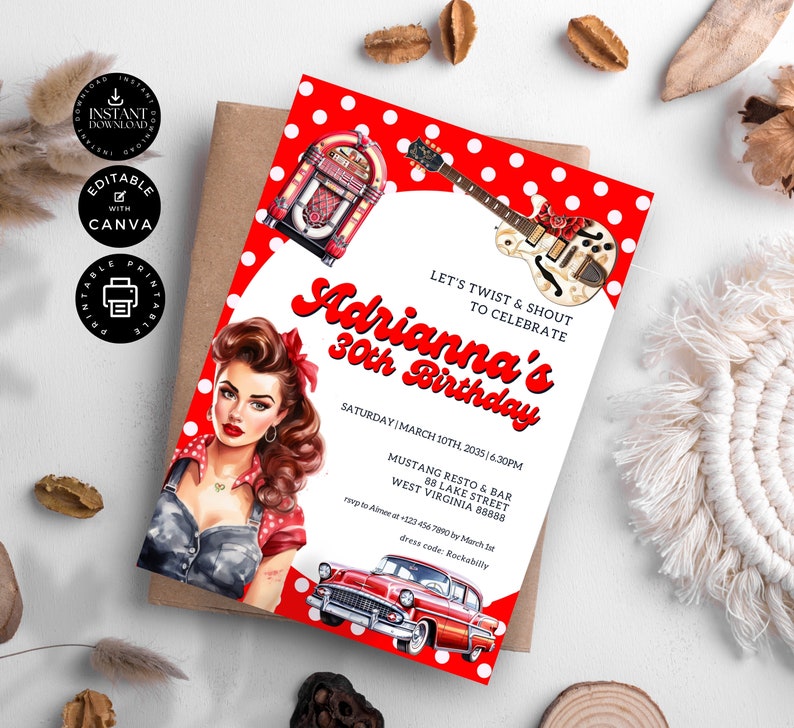 Modern Retro Rockabilly Birthday Party Invitation Template, 1950s Theme ...