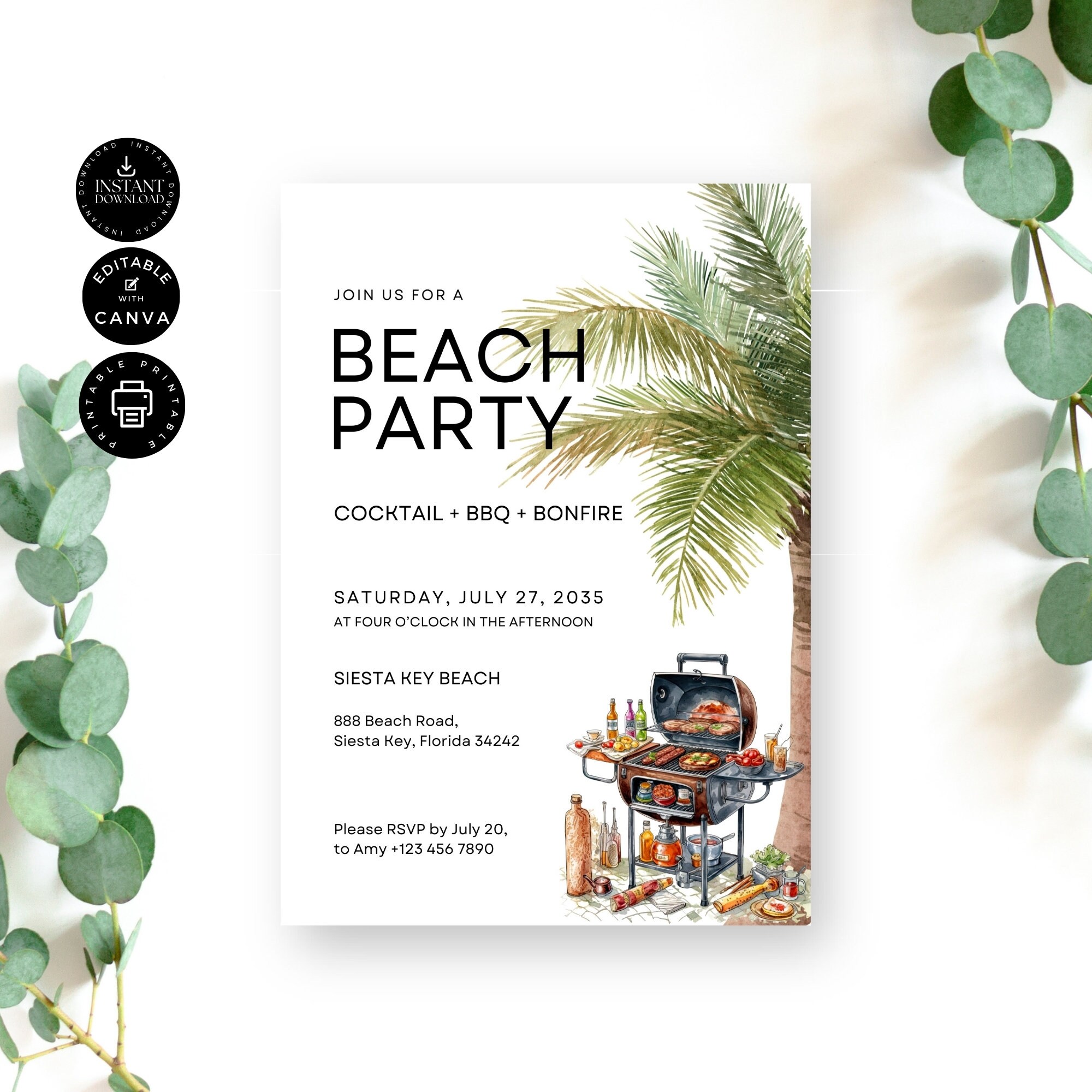 Beach Party Invitation Template, Gathering Party, Barbeque BBQ & Bon ...