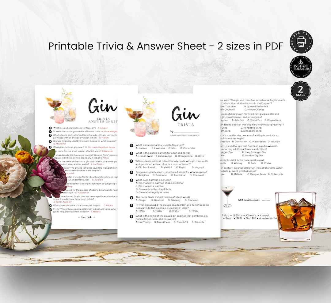 Gin Trivia Quiz & Answer, Gin Blind Tasting Night, Home Party, Gin ...