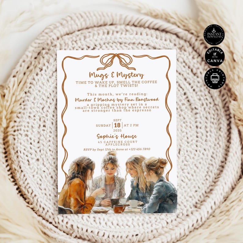 Book Club Meeting Invitation Template, Coffee Catch Up, Mystery Twist ...